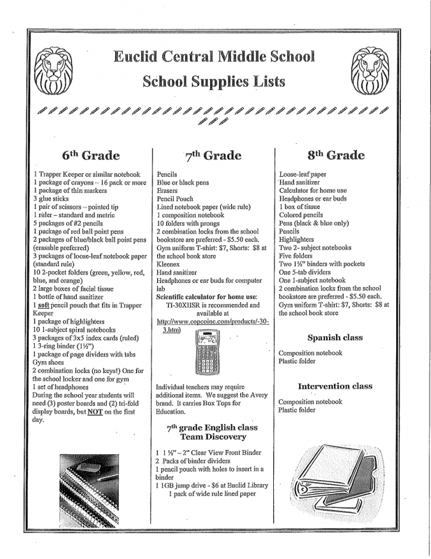 School Supply List Central Middle School Supply List